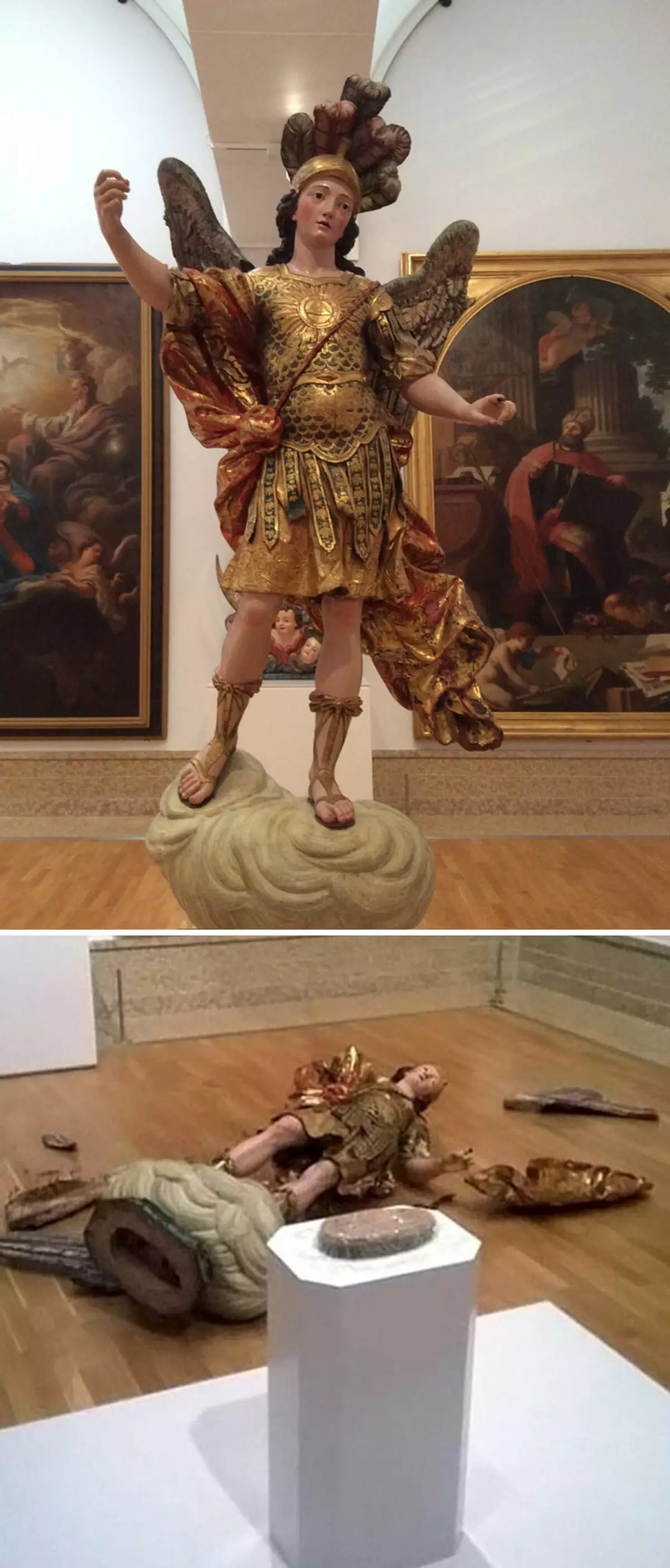 Il turista abbatterò la statua di San Michele, cercando di fare selfie (Lisbona, Portogallo).