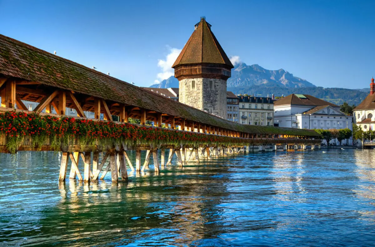 Tasumiyar ruwa a kan gadar CAPPELBRUCK, Lucerne, Switzerland, Turai